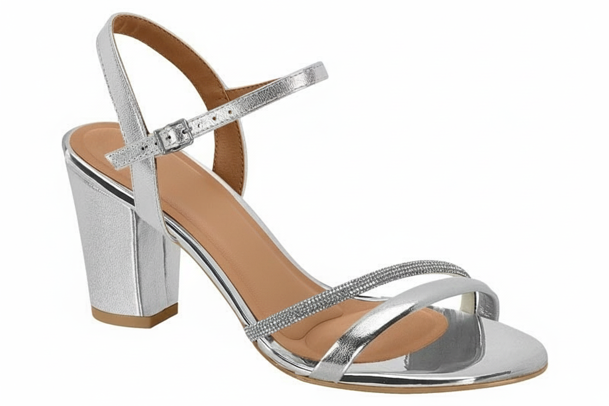 Metallic Leather Block Heel Sandals with Diamond Details | EGO LOVERS